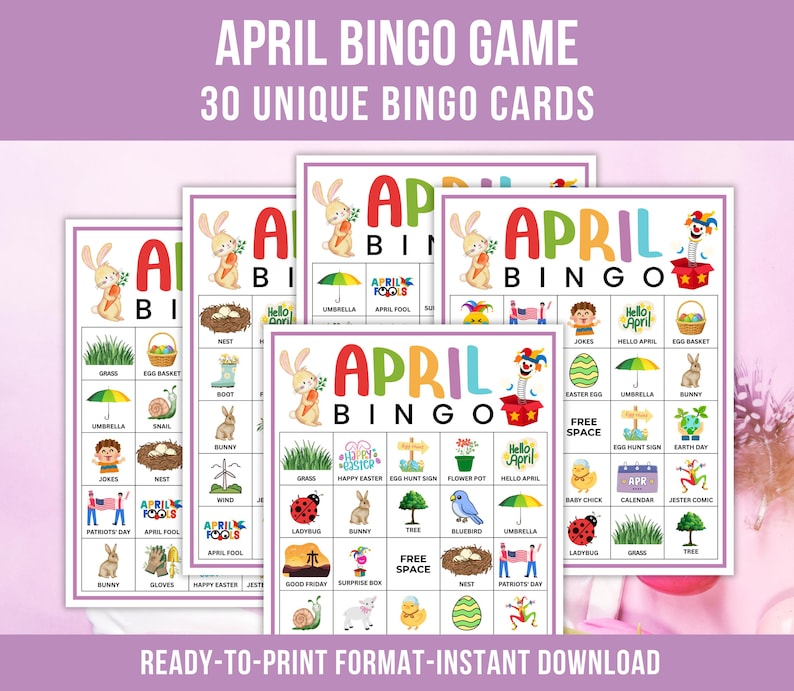 April Bingo Game, 30 April Bingo Cards, Easter Bingo Game, April Fools ...