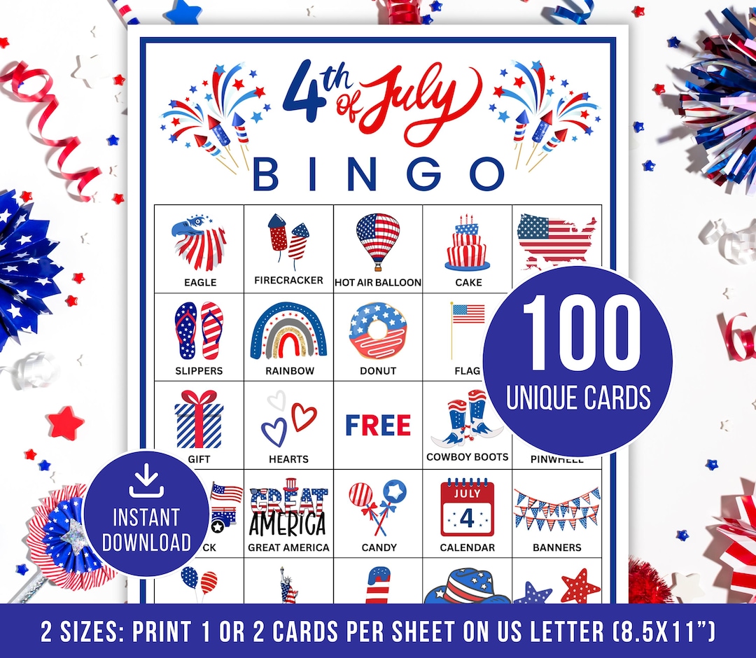 4th of July Bingo, 100 Fourth of July Bingo Cards, USA Independence Day ...