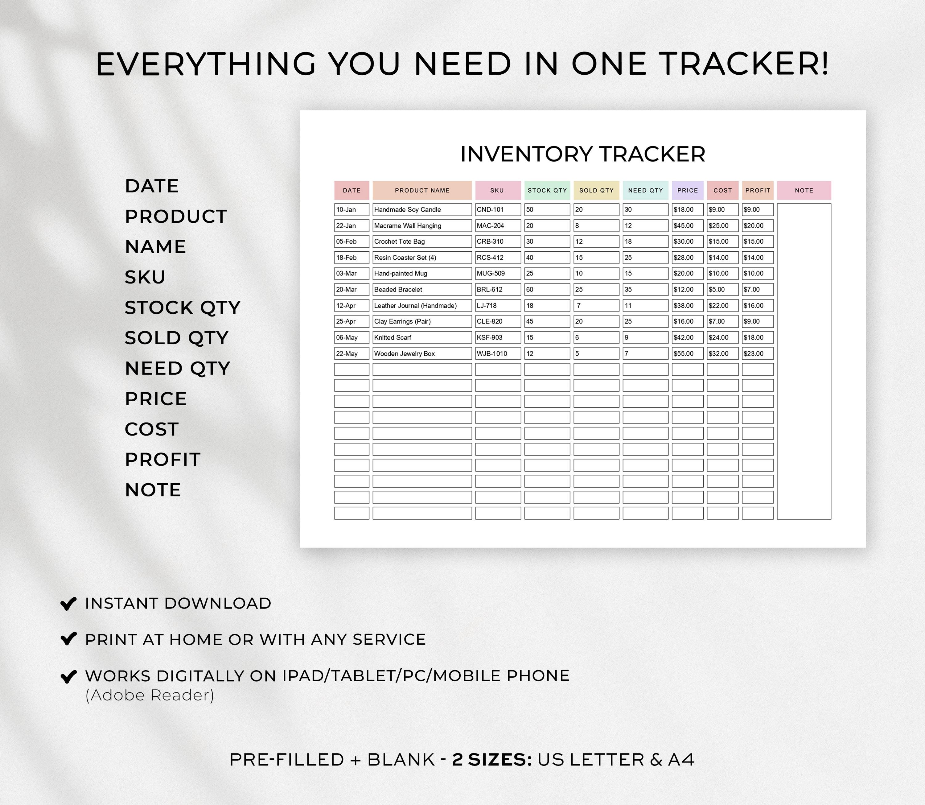 Editable Inventory Tracker, Business Product Inventory List, Inventory ...