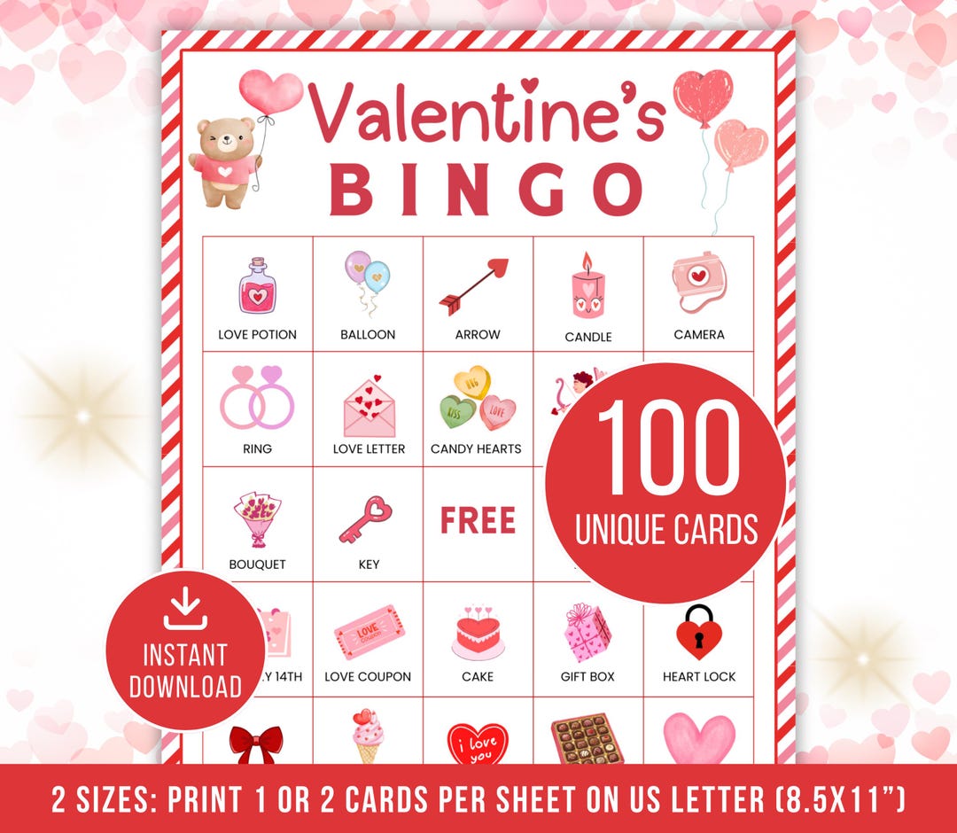 100 Valentines Bingo Game Cards, Valentine's Day Bingo Cards ...