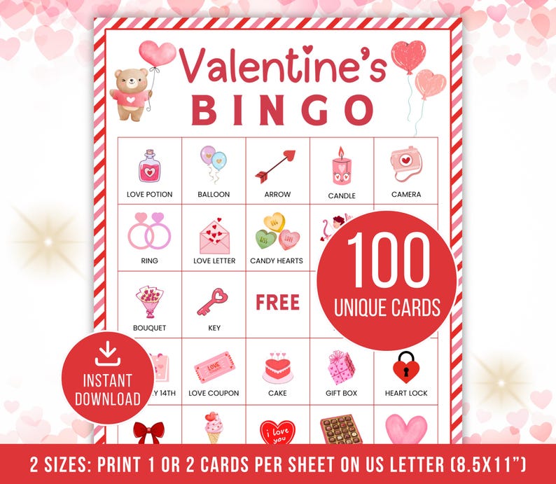 100 Valentines Bingo Game Cards, Valentine's Day Bingo Cards ...