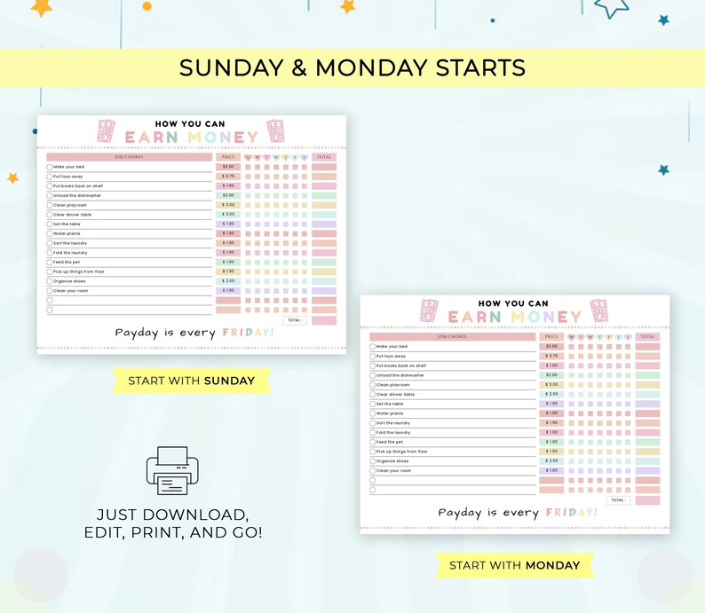 EDITABLE Allowance Tracker Kids, Printable Earn Money Chart, Daily ...