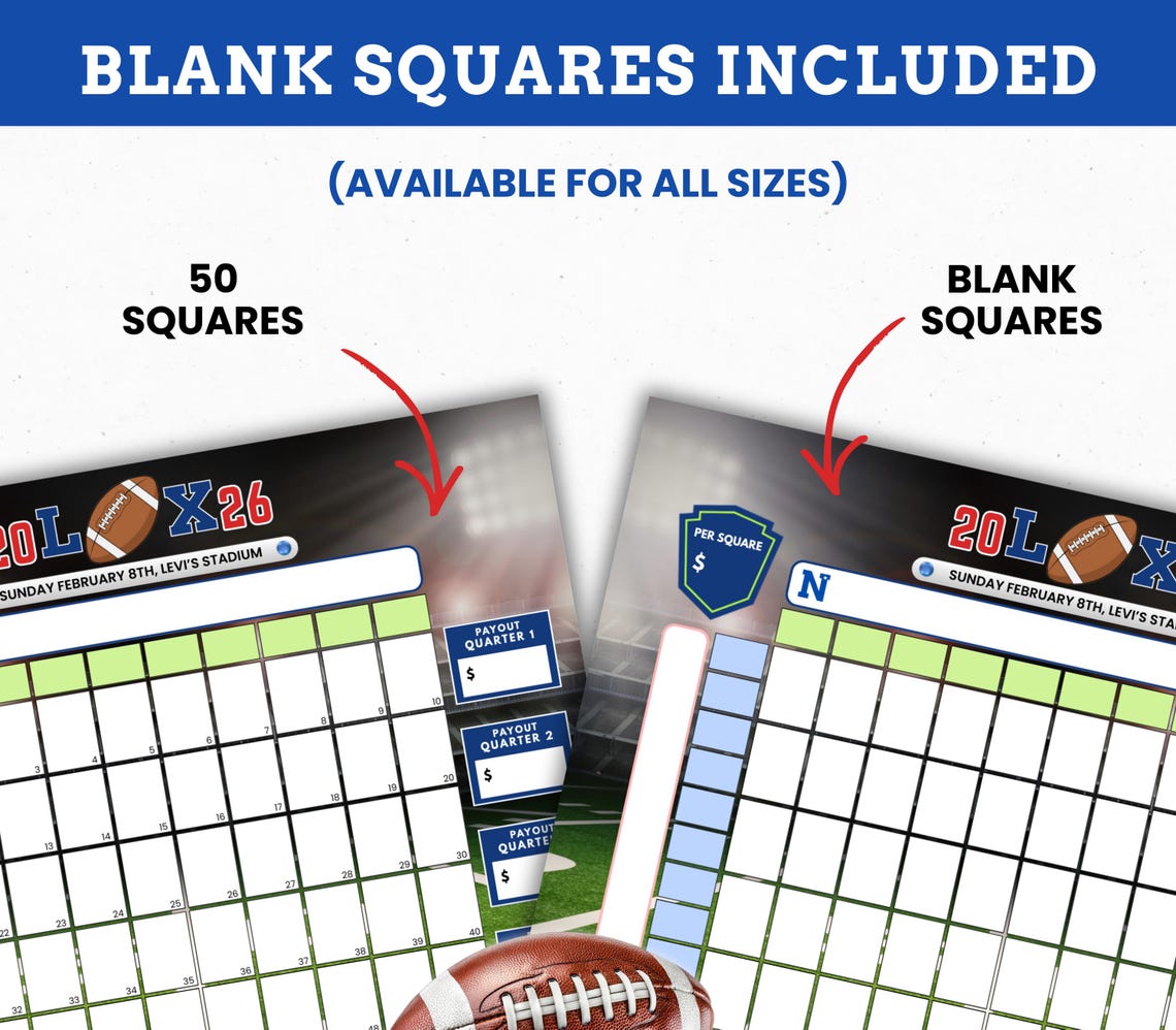 Super Big Game Football Squares, 2026 Super Big Bowl Pool, 50 Squares ...