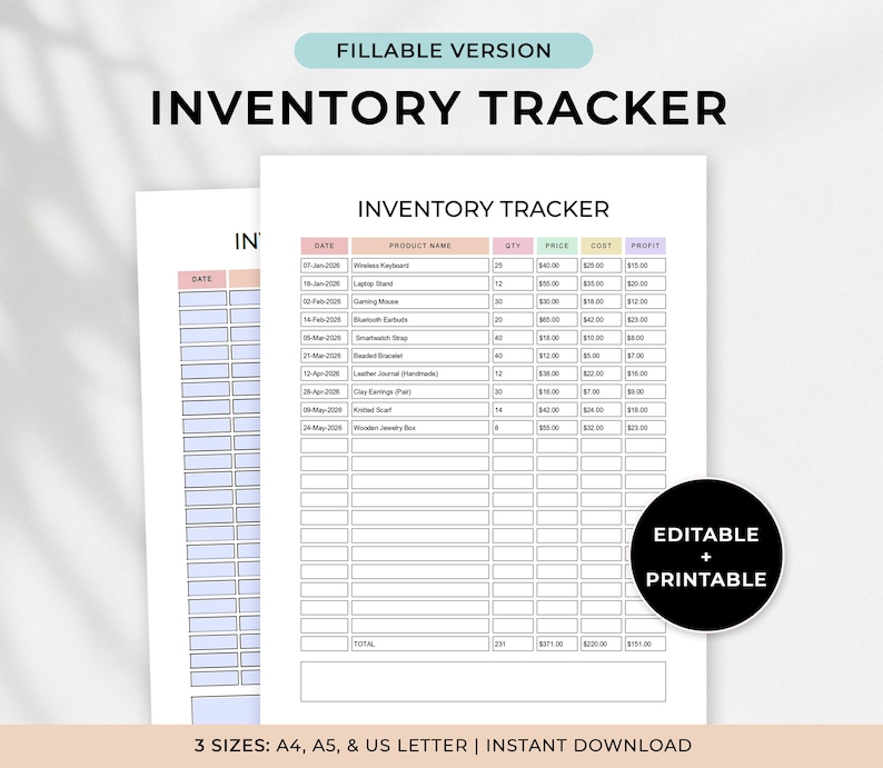 Editable Inventory Tracker, Business Product Inventory List, Inventory Management Form ...
