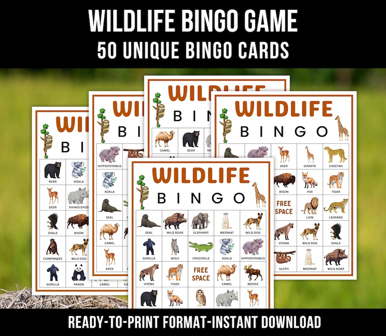 Wildlife Bingo Game, Printable Wildlife Bingo Cards, Wildlife Birthday ...