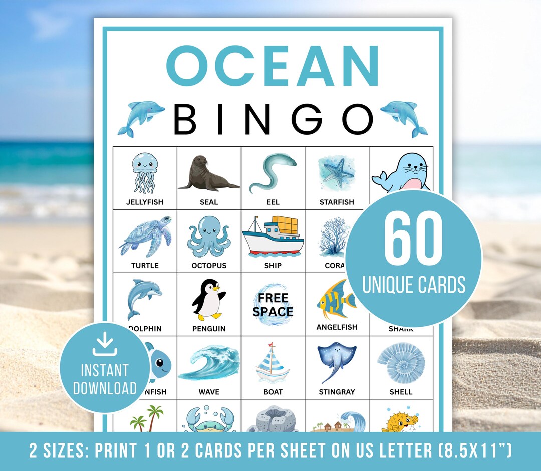 Ocean Bingo, 60 Ocean Bingo Cards, Printable Ocean Bingo, Kids Ocean ...