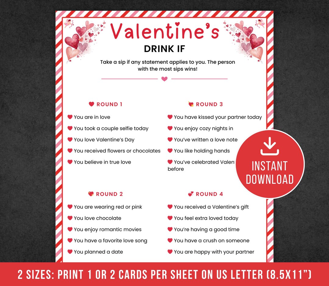 Valentine's Day Drink If Game, Printable Valentines Party Games ...