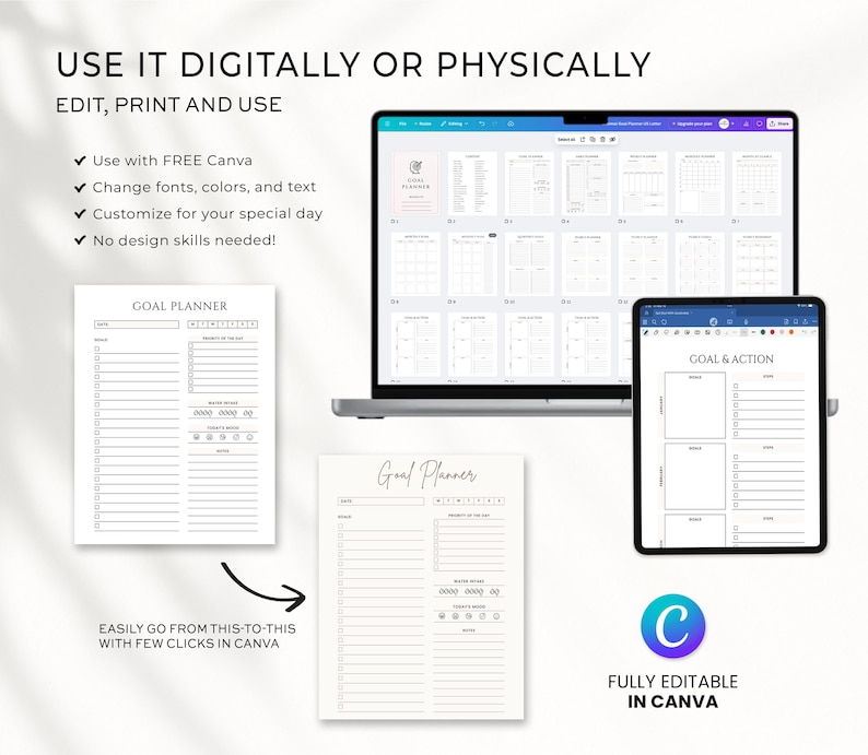 Editable Goal Planner Bundle, Printable Goals Tracker, Smart Goal Setting, Habit Tracker ...