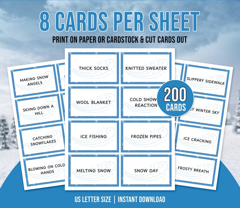 Winter Charades Cards, Printable 5-second Game Cards, Family Charades ...