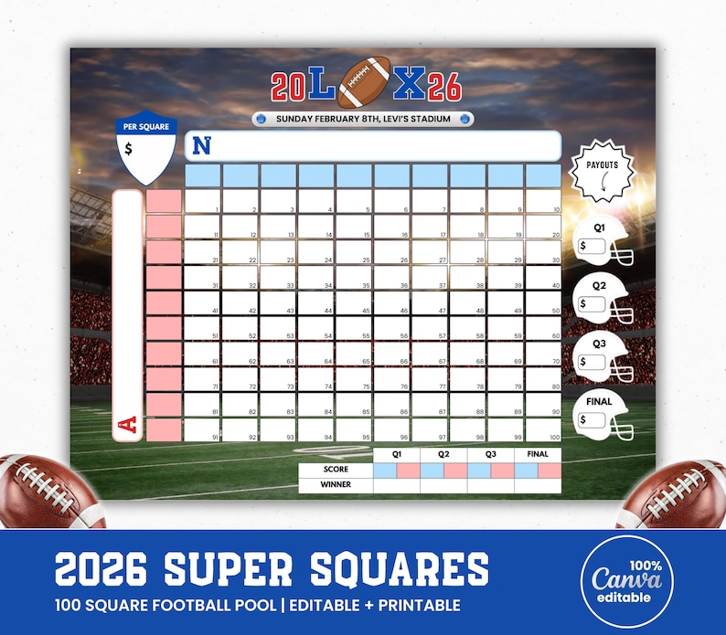2026 Football Squares Template | 100 Grid Pool, Big Game Party (canva ...