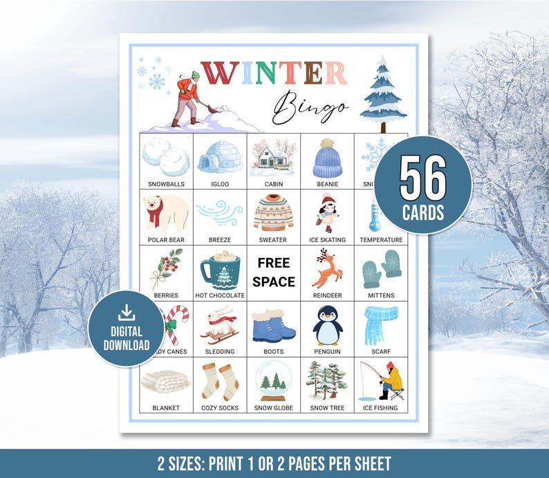 Winter Bingo Game, 50 Winter Bingo Cards, Printable Winter Games, Kids ...
