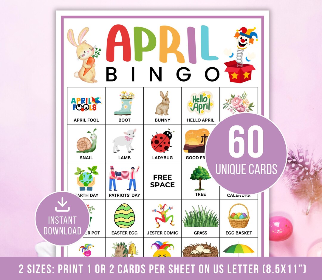 April Bingo Game, 60 April Bingo Cards, Easter Bingo Game, April Fools ...
