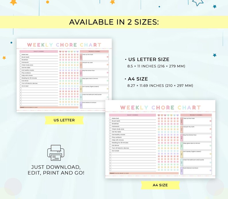 Editable Kids Weekly Chore Chart, Printable Daily Weekly Chore Chart ...