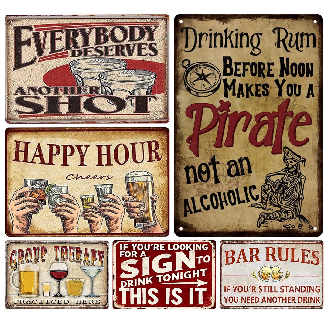 Vintage Drinking Quotes Metal Signs Set With Bar Rules and Humorous ...