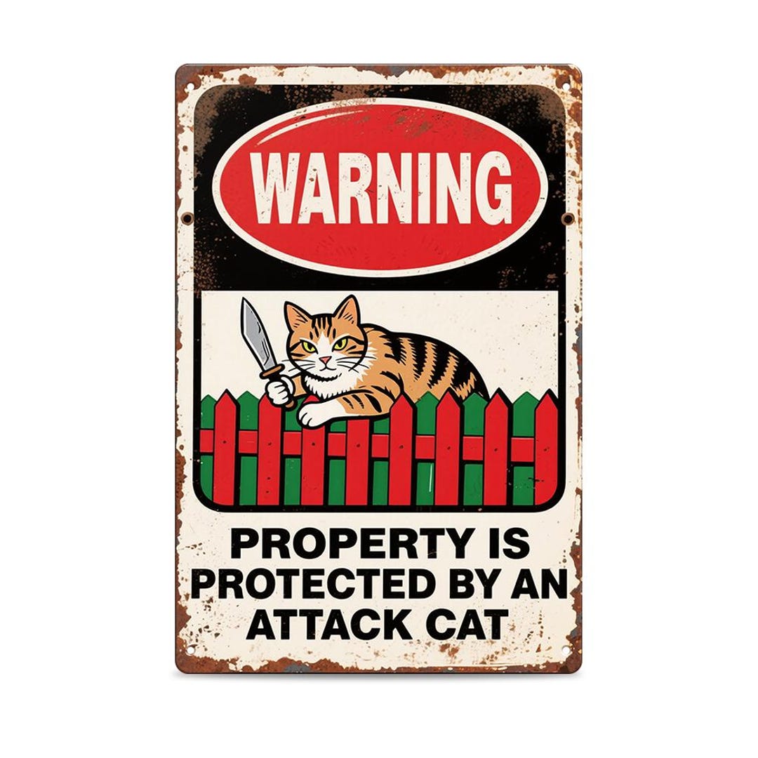 Rustic Metal Warning Sign White and Red With Cat Holding Knife and Text ...