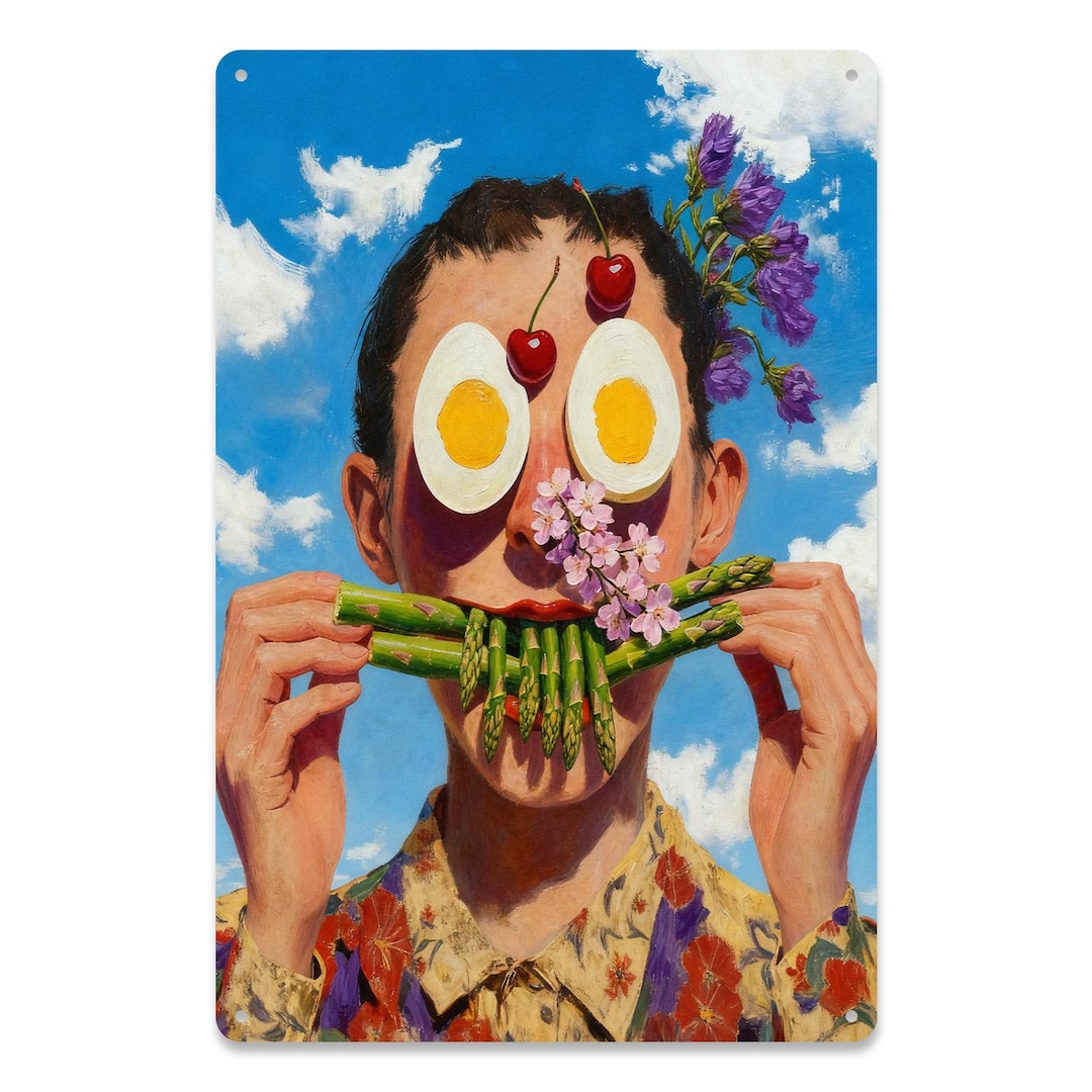Surreal Funny Face Metal Tin Sign, Asparagus Mouth Egg Eyes Art, Weird ...