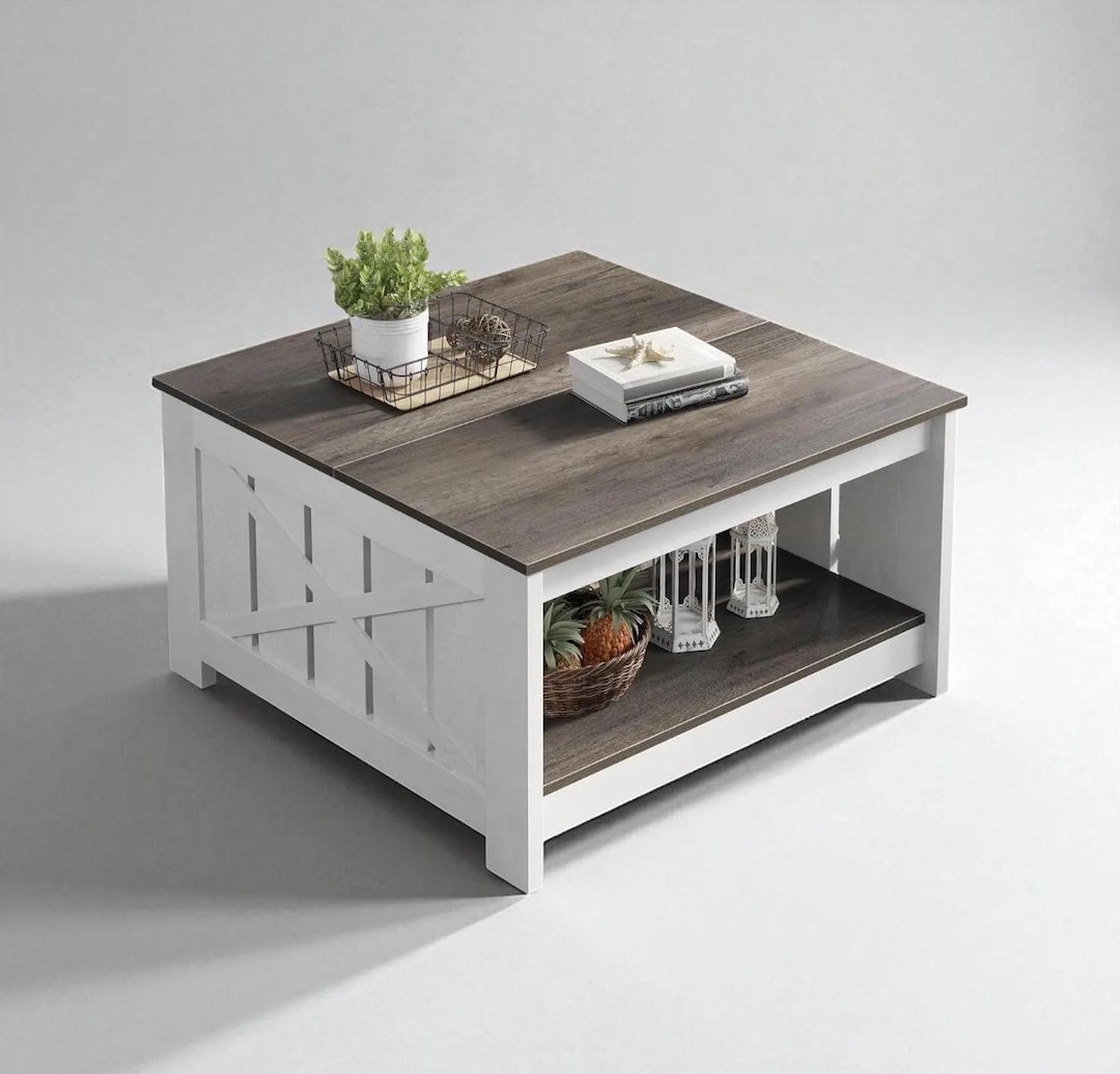 Farmhouse Coffee Table – Rustic Square Wood Table With Half Open ...