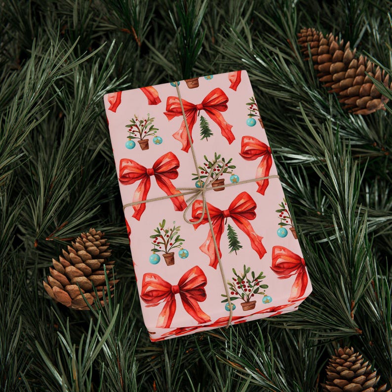 Red Bow & Greenery Wrapping Paper | Holiday Ribbon Pattern - Etsy