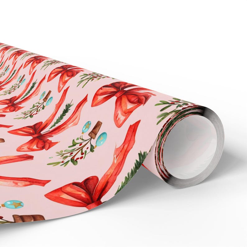 Red Bow & Greenery Wrapping Paper | Holiday Ribbon Pattern - Etsy