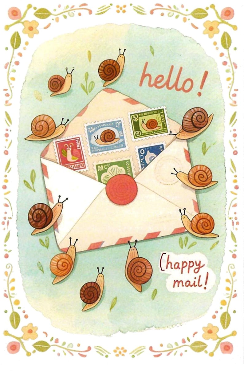 Snail Postcard –snails on Envelope With “hello!” Happy Mail ...