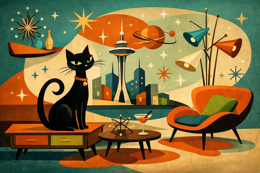Retro Atomic Cat Postcard - Whimsical Illustration Cat Lover 1950s Era ...