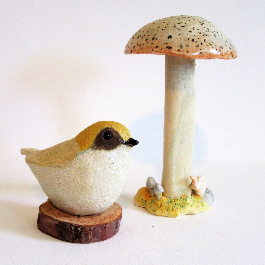 Pottery Mushroom and Bird Figurine - Etsy