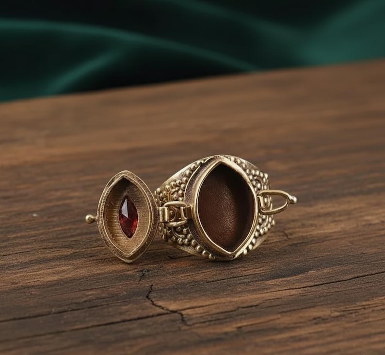 Vintage Brass Poison Ring, Red Gemstone Locket, Gothic Hidden ...