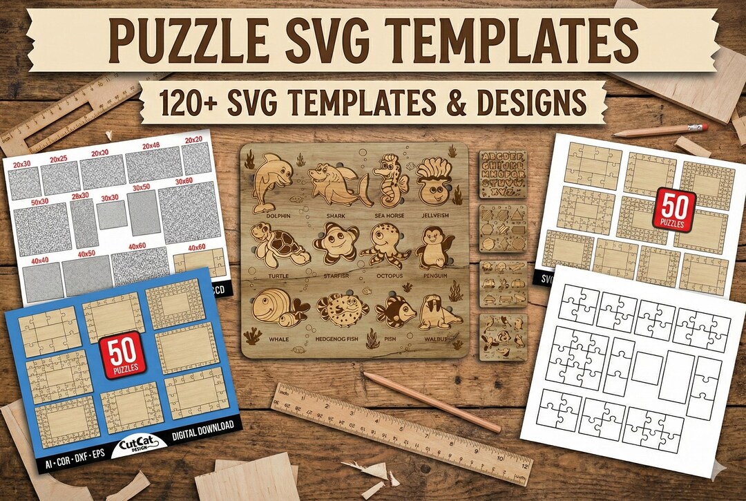 Puzzle SVG Templates | Jigsaw Puzzle Laser Cut Files Bundle - Etsy