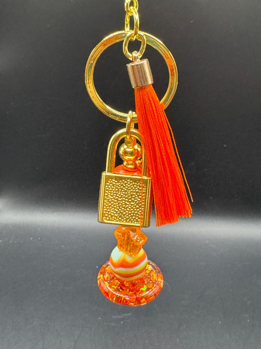 Showgirl Lock Keychain: Orange Tassel, Gold Hearts & Glitter Star Bag ...