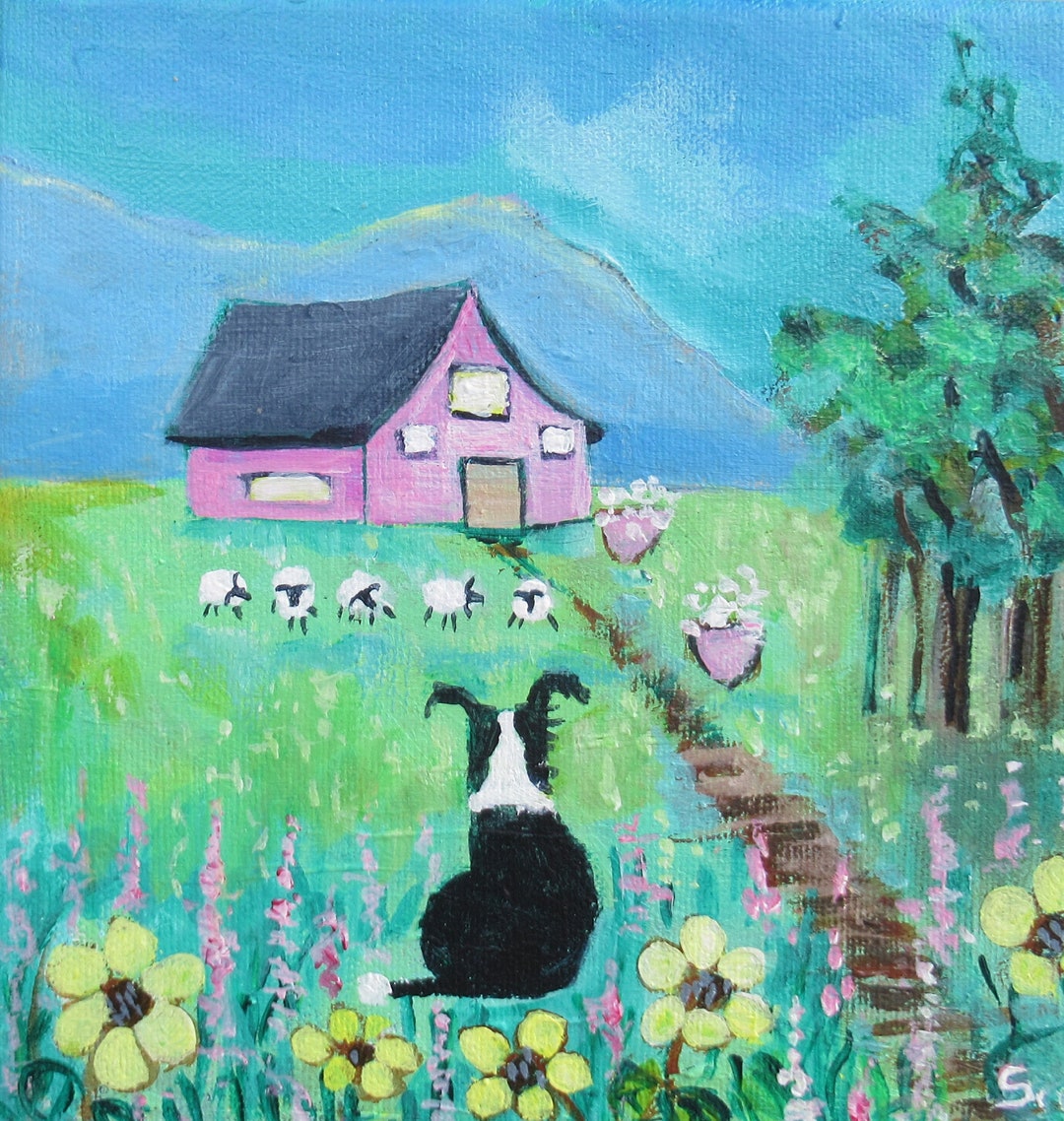 Border Collie Pink Barn ORIGINAL Folk Painting Naive Dog Art Wired ...