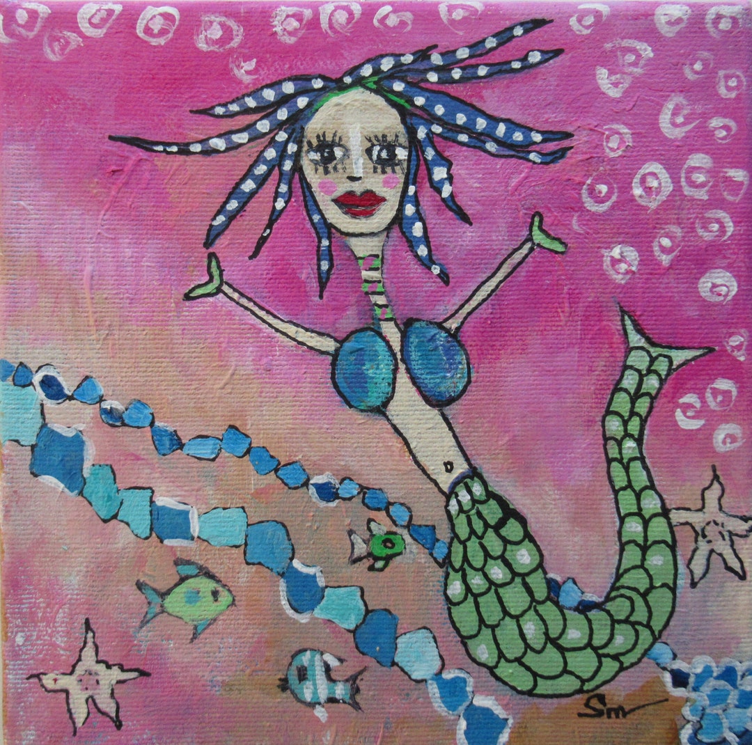 Folk Art ORIGINAL Mermaid Painting, Underwater Sea Siren by Susan ...