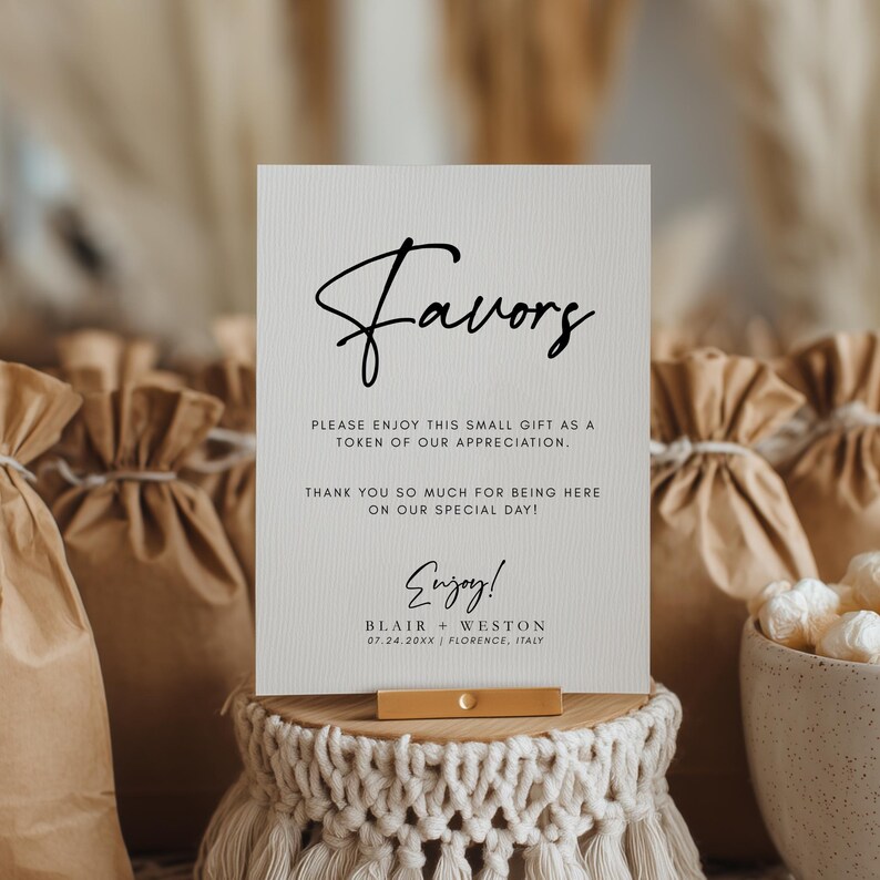 Wedding Favors Sign Template, Editable Reception Thank You Gift Table ...