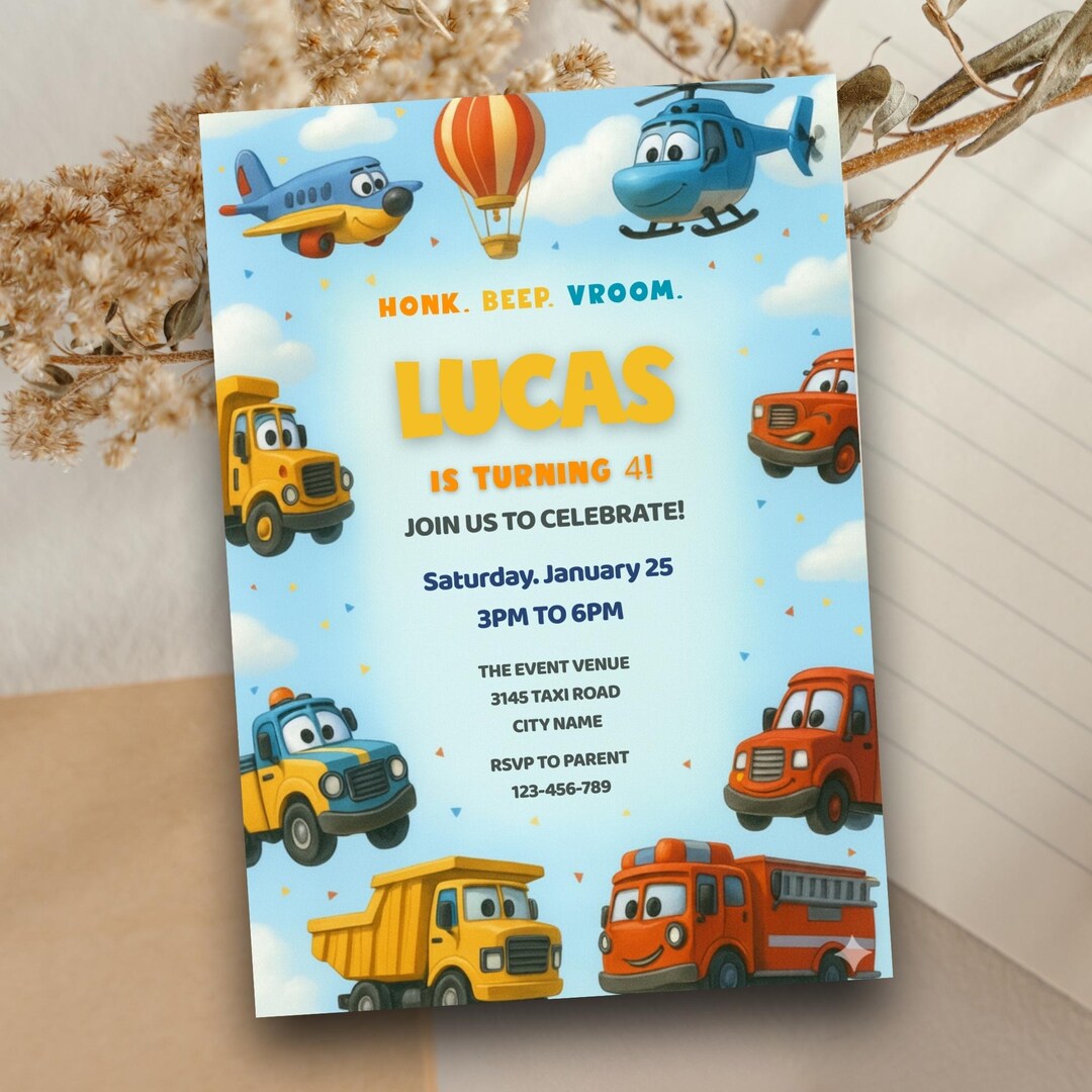 Vehicle Birthday Invitation | Cars, Trucks, Planes Party (editable ...