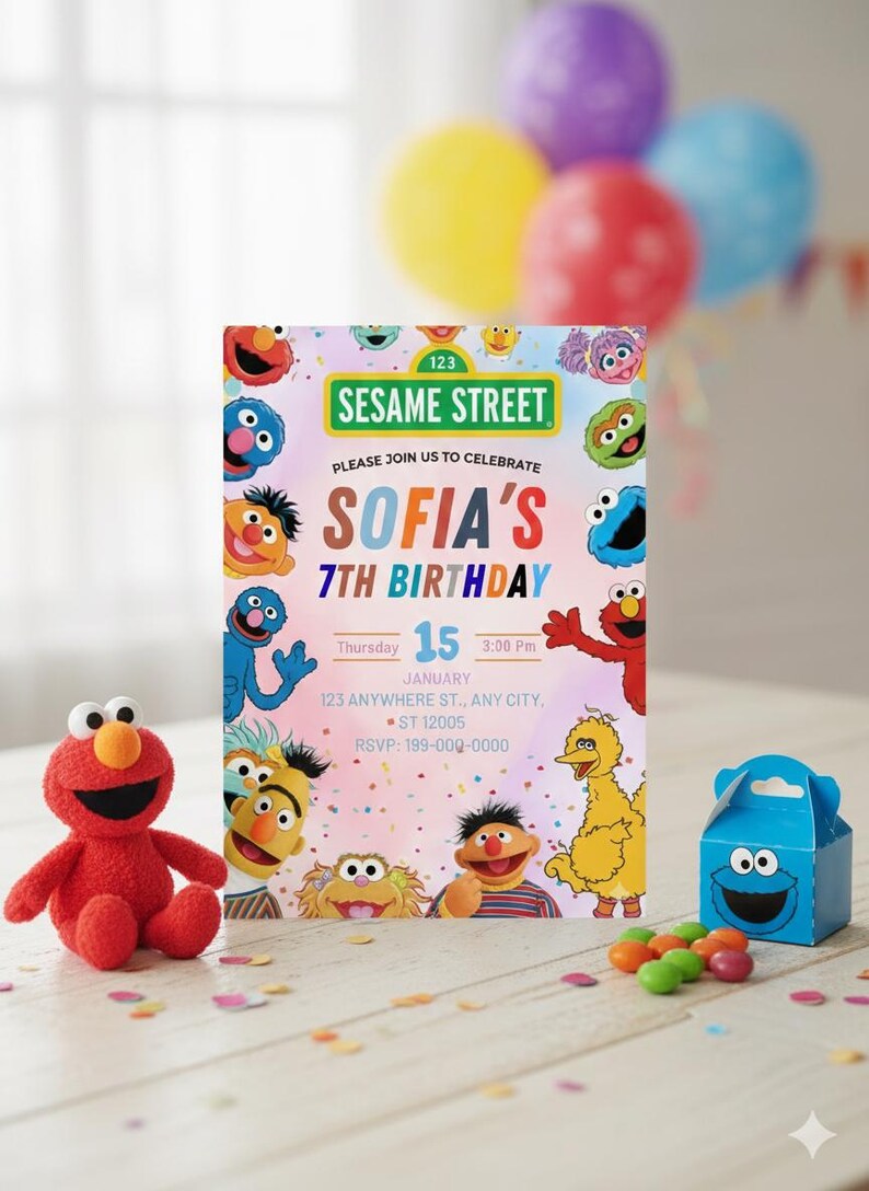 Sesame Street Theme Kids Birthday Party Invite | Editable Canva ...