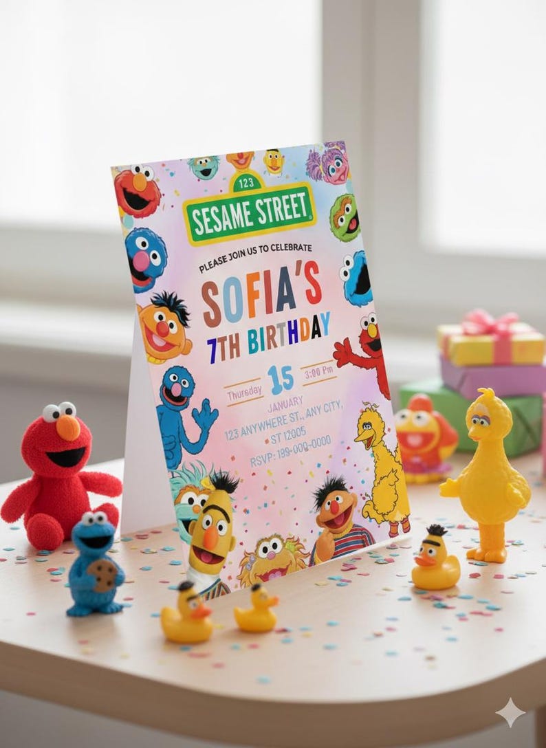 Sesame Street Theme Kids Birthday Party Invite | Editable Canva ...