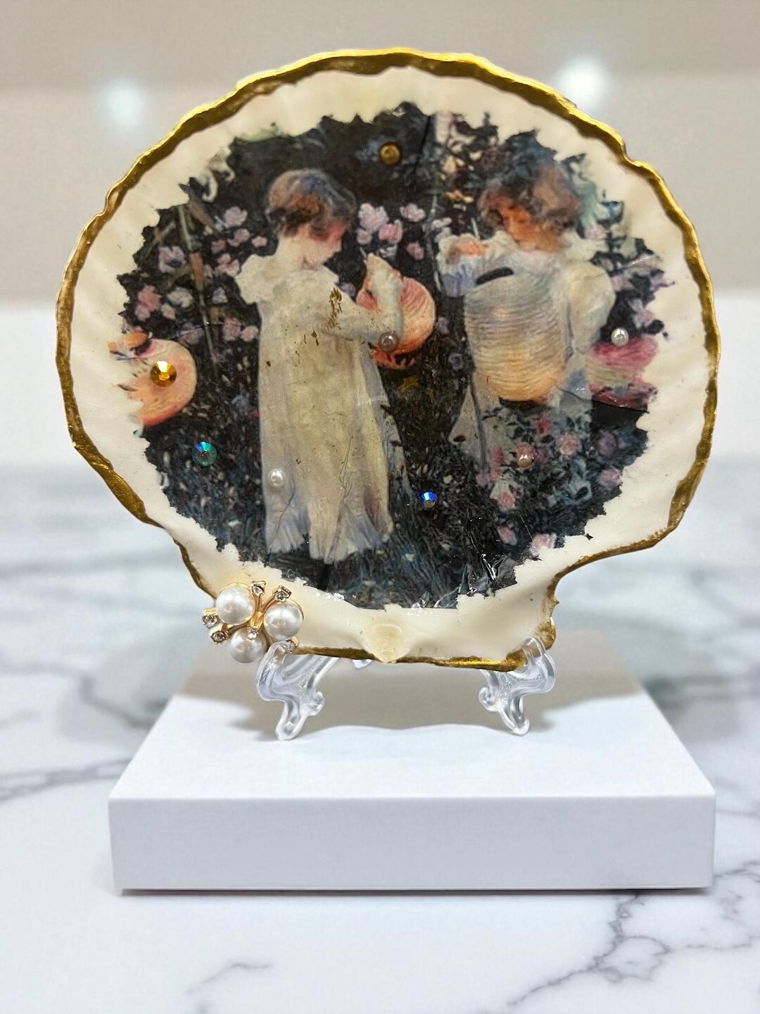Decoupage Seashell Art: Whimsical Lantern Design. Large Scallop Shell ...