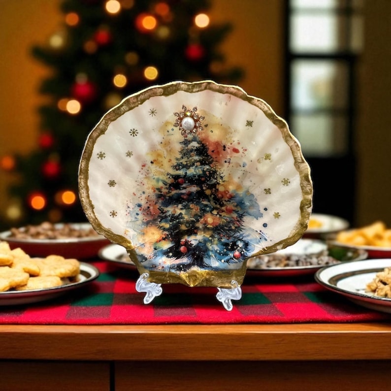 Decoupage Seashell Art: Colorful Christmas Tree. Large Scallop Shell ...