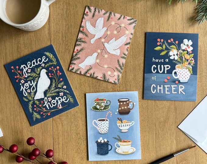 Hand Drawn Christmas Card Set of 8 | Cup of Cheer Holiday Card Pack | Peace Joy Hope Dove | Size ...