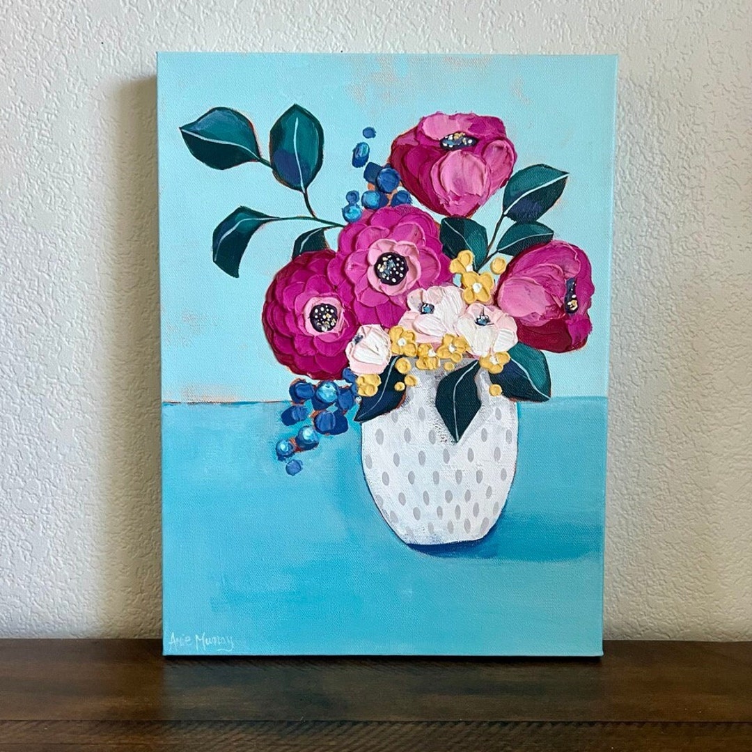 Fuchsia, Peach, and White Floral Painting | 12x16 Inch Textured Acrylic ...