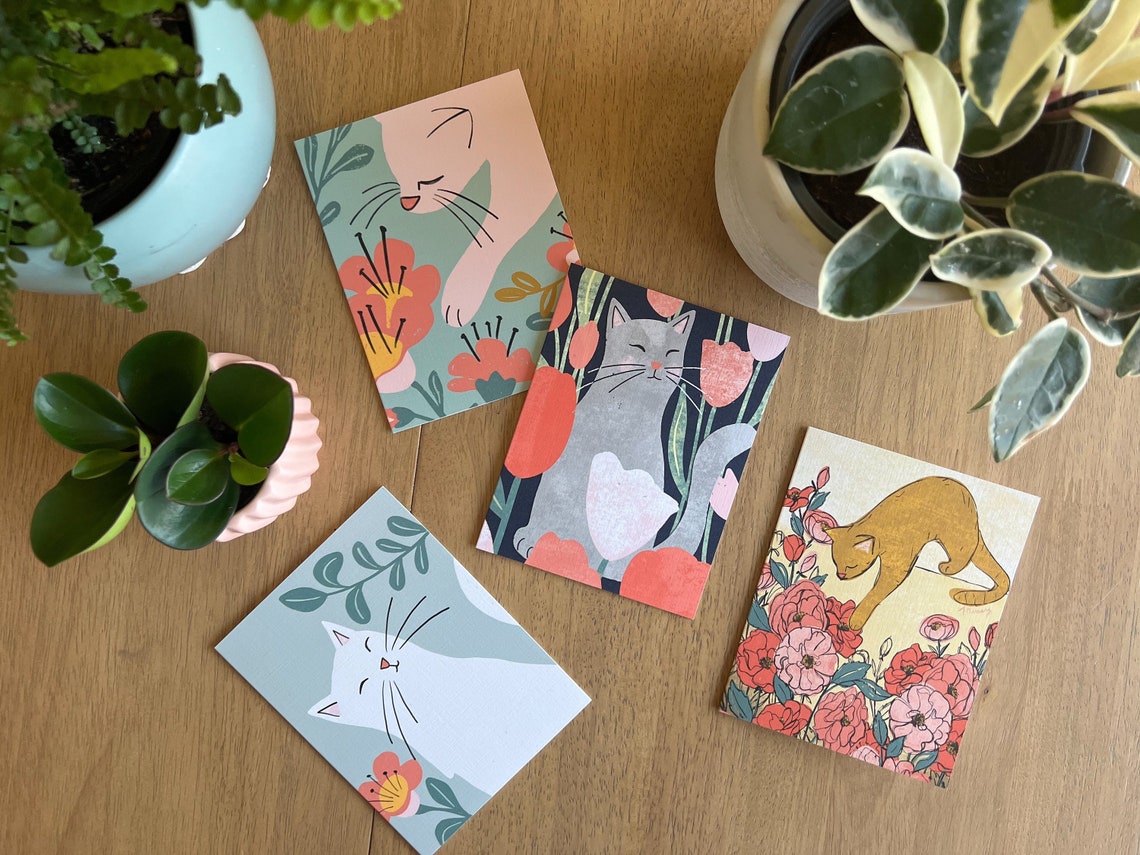 Cat Greeting Card Set of 4 Hand Drawn Notecards Size A2 - Etsy
