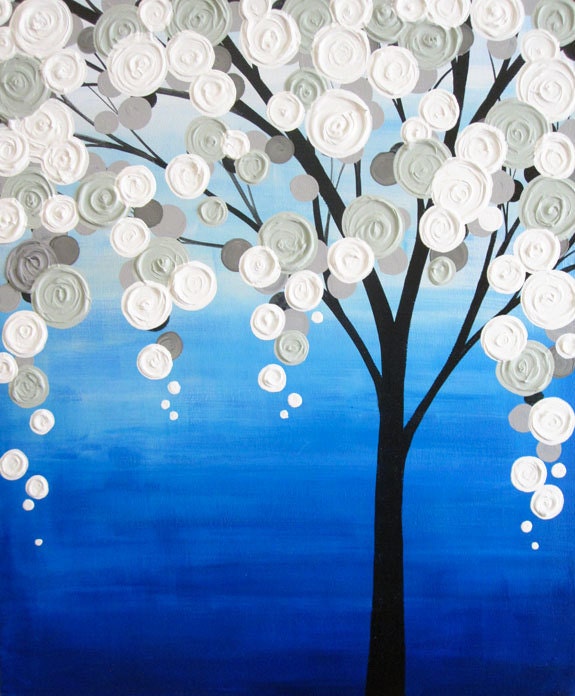 Blue and Gray Textured Tree Art Original Painting on Canvas | Etsy