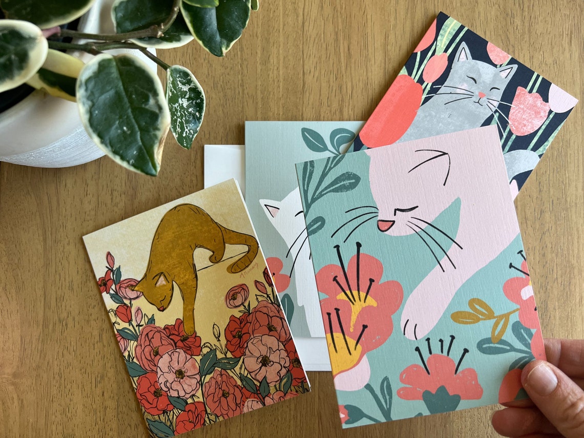 Cat Greeting Card Set of 4 Hand Drawn Notecards Size A2 - Etsy