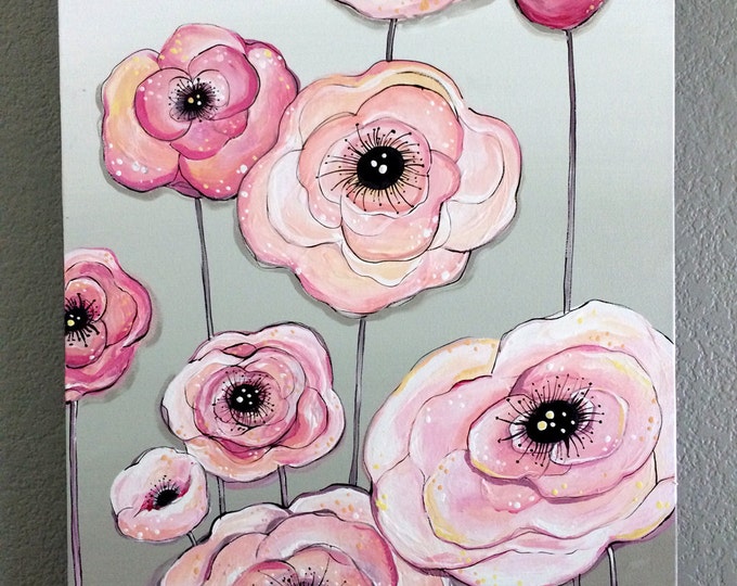 Pink and Gray Modern Flower Painting, Acrylic on Canvas, 18x24 Ready to ...