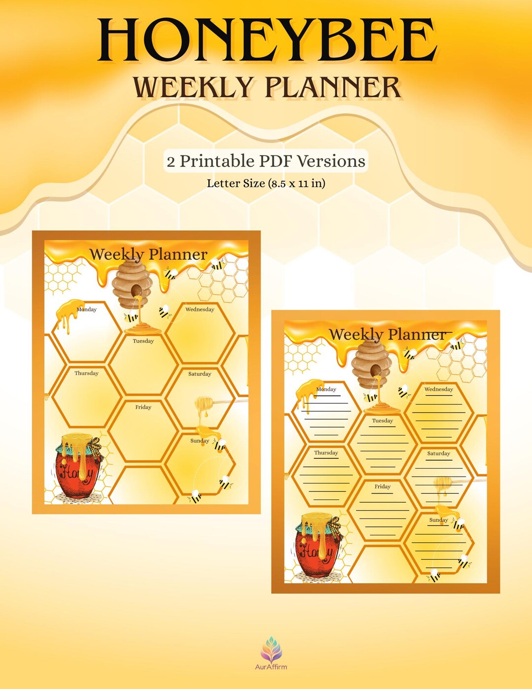 Honeybee Weekly Planner | 2 Versions | Cute Printable Monday–sunday ...