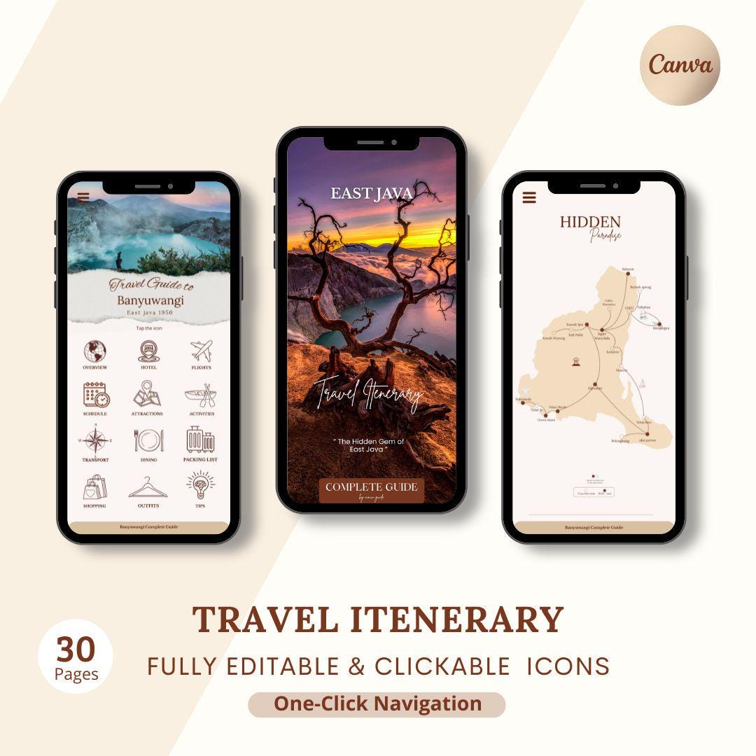 Digital Travel Itinerary Template, Mobile Travel Guide, Canva Trip ...