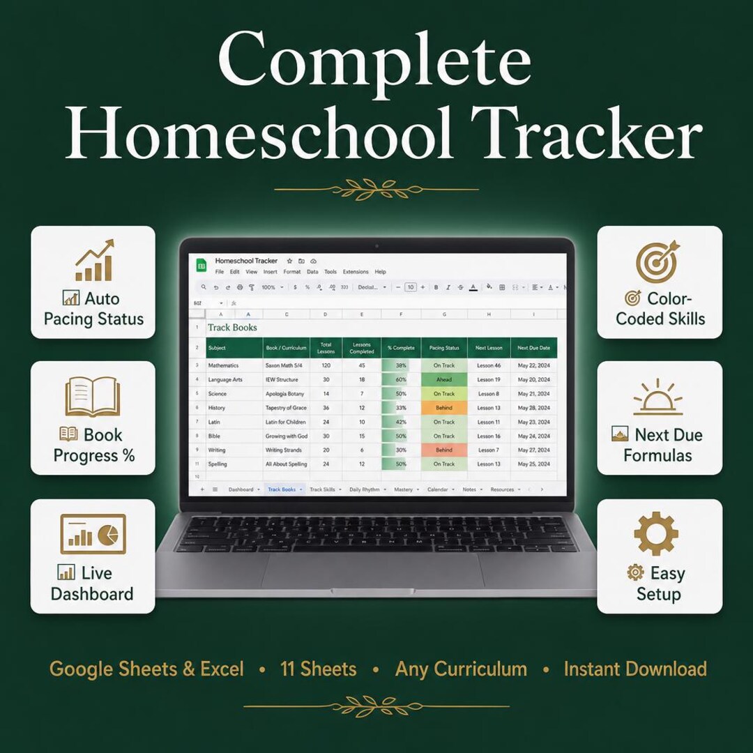 Homeschool Tracker Google Sheets & Excel | Pacing, Skills, Book Log ...