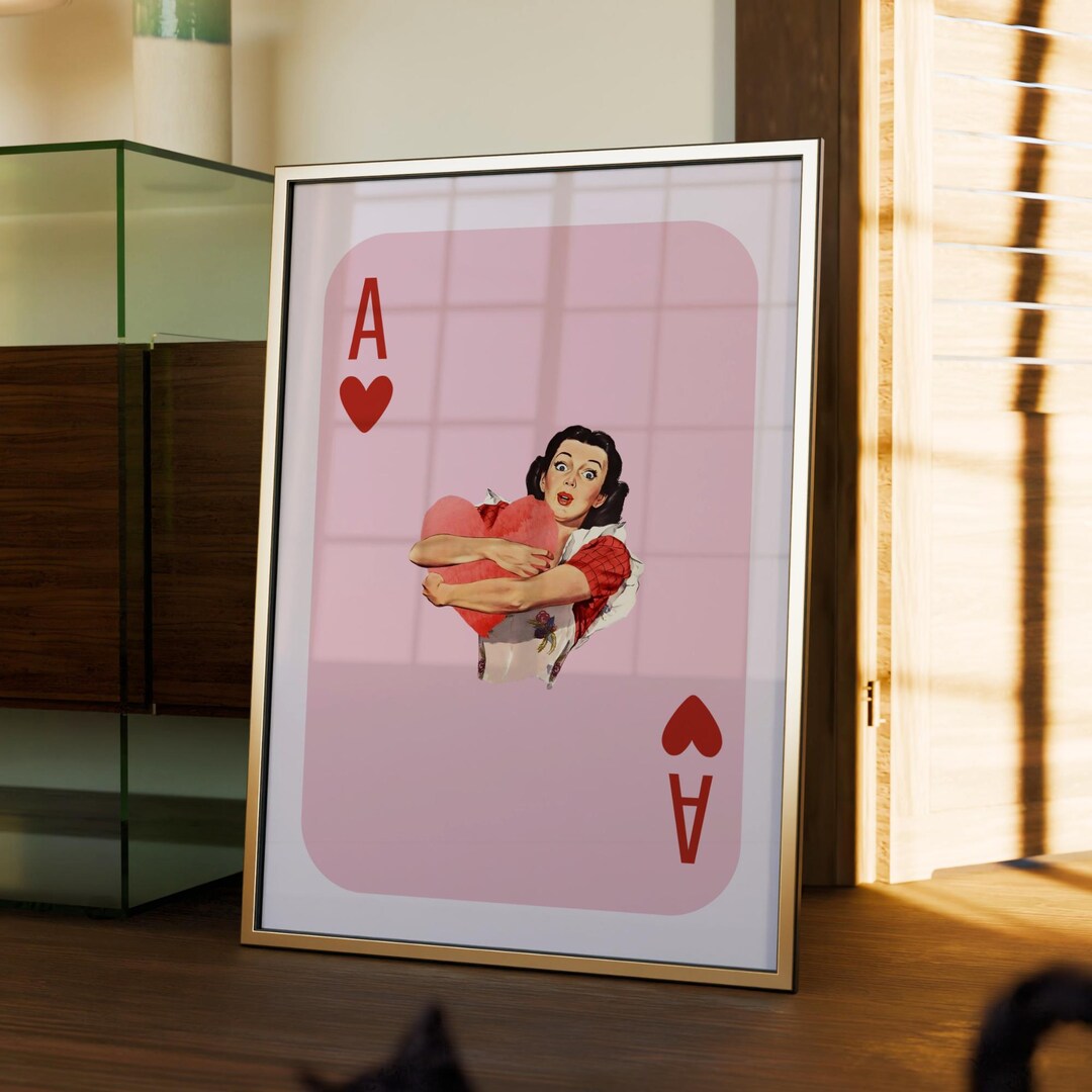 Ace of Hearts Poster, Pink Playing Card Print Art, Vintage Collage Wall ...