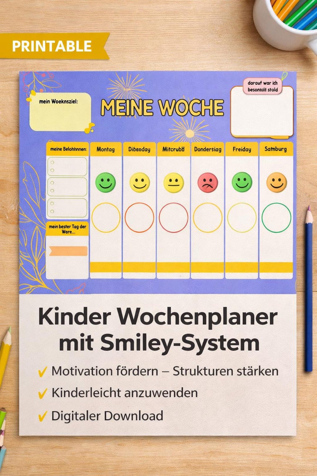 Weekly Planner for Children (PDF) | Smiley Reward System | Behavior ...