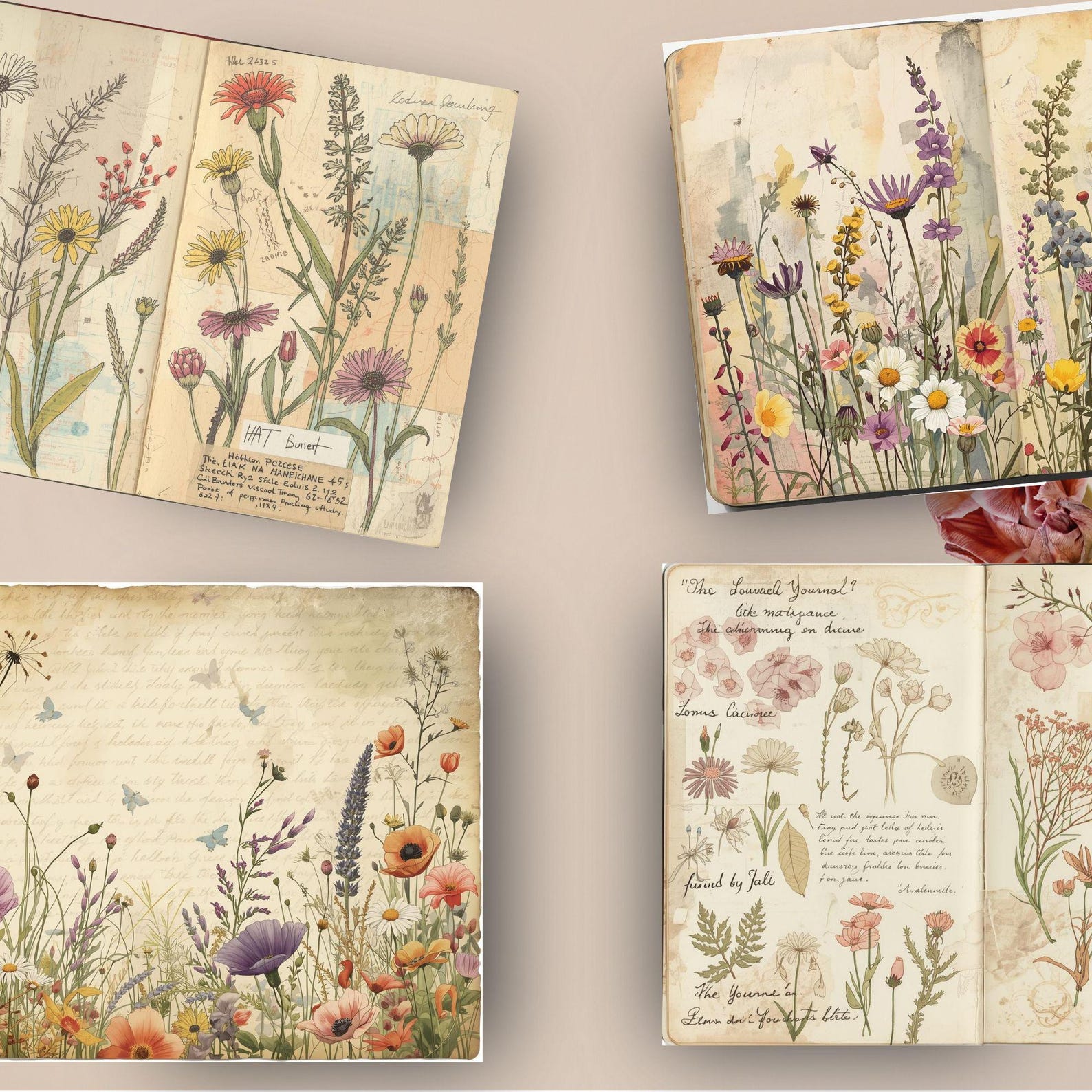 Wildflower Junk Journal Pages, Printable Vintage Scrapbook Paper, JPEG ...