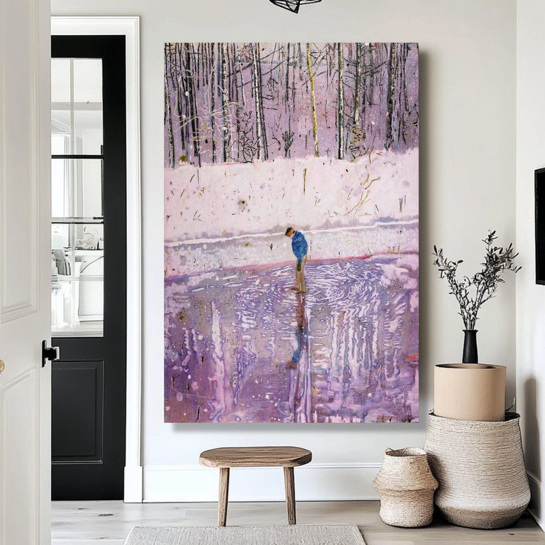 Peter Doig Style Canvas Art – Dreamlike Snowy Forest Landscape, Large ...